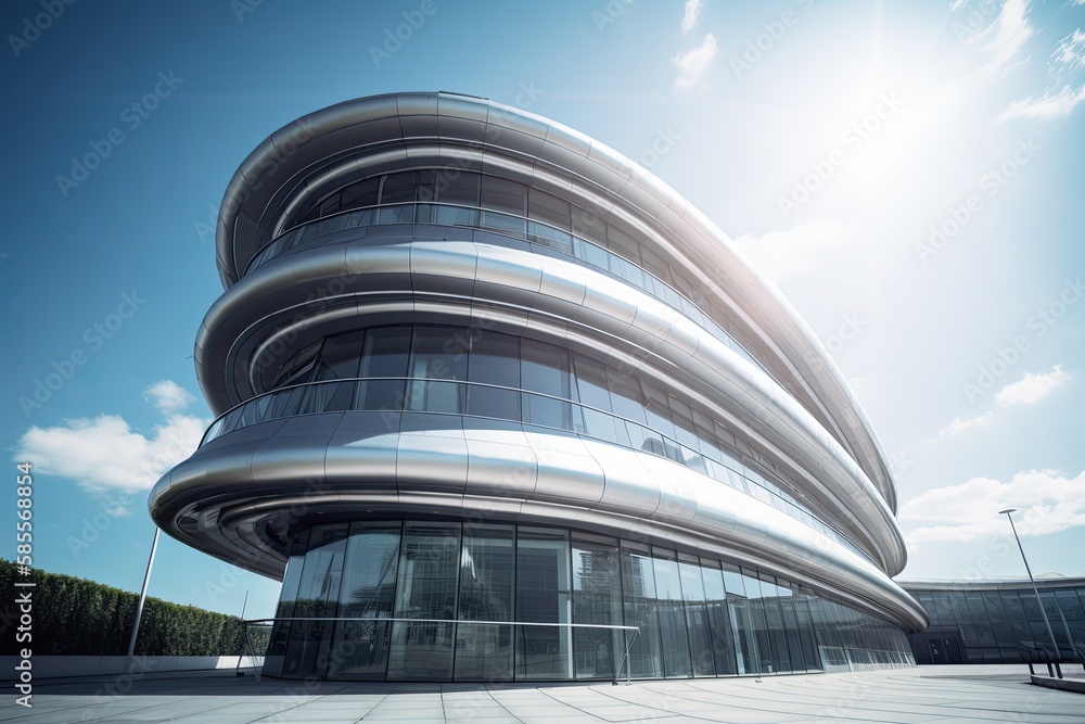 Futuristic modern architecture, big curved glass windowed office building. High quality ...