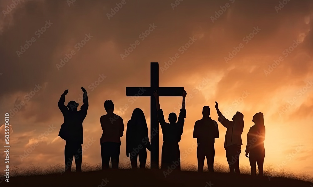 Christian people group raise hands up worship God Jesus Christ together ...