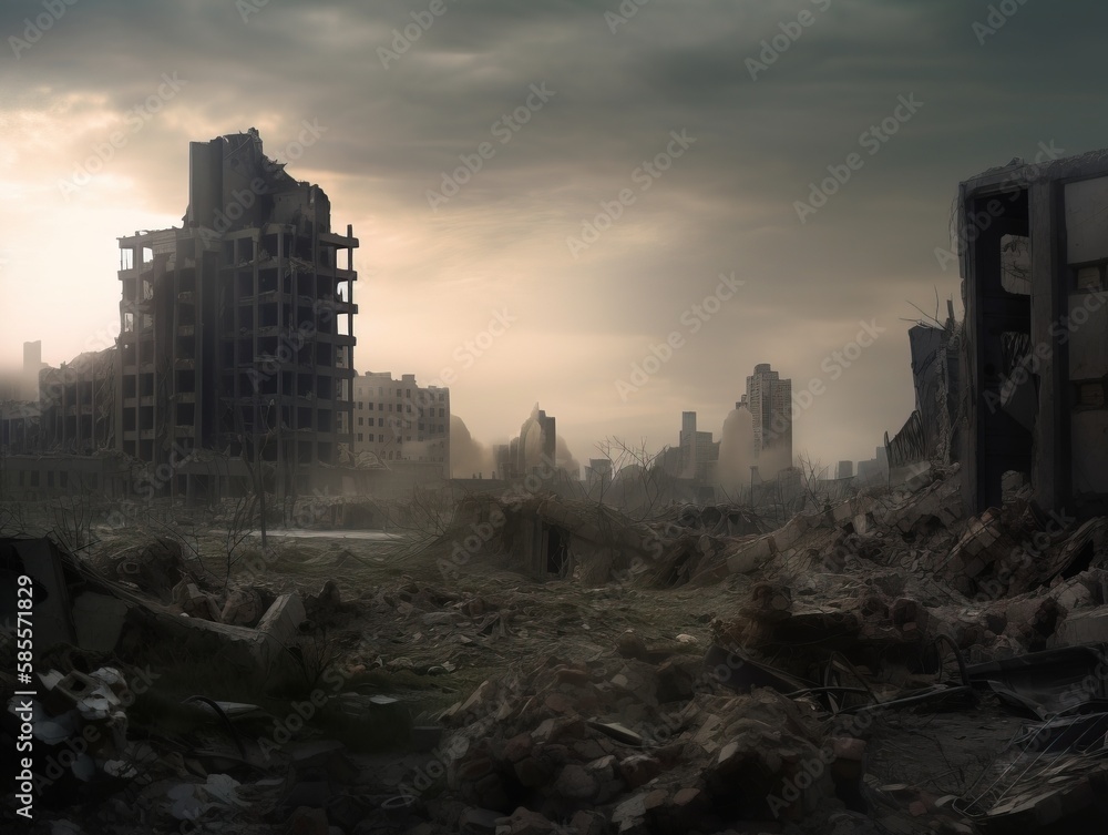 Post-apocalyptic ruined deserted city. Destroyed buildings, destroyed ...