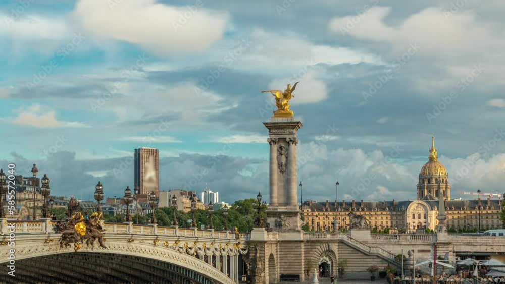 Bridge of Alexandre III spanning the river Seine timelapse. Decorated ...