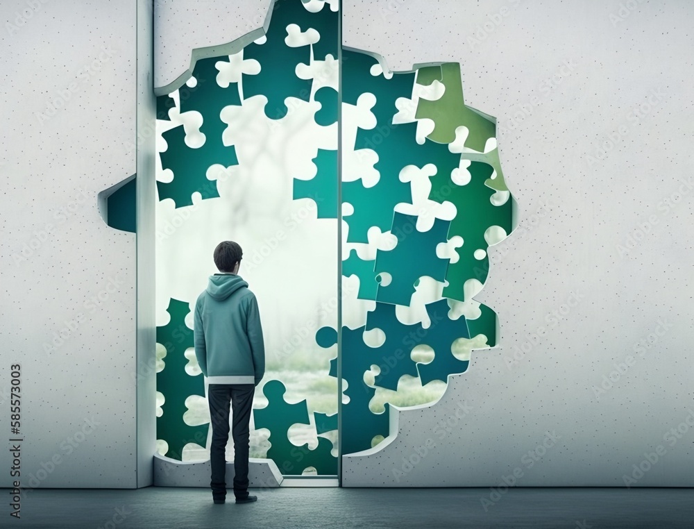 Autistic puzzled young man at work with puzzle pieces looking through ...