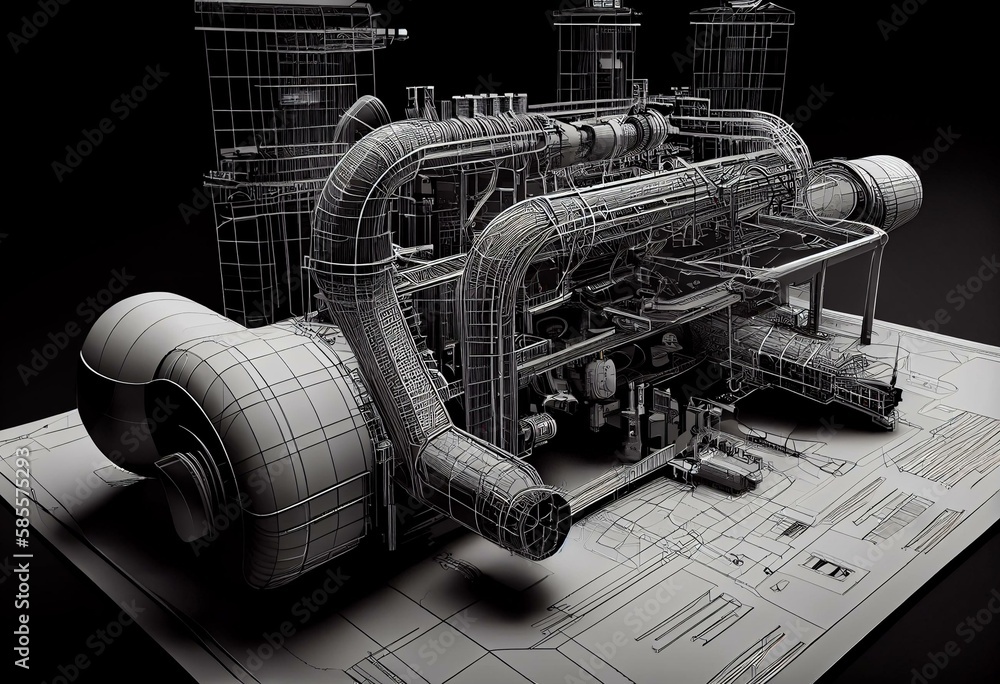 wireframe computer cad design of pipelines for modern industrial ...