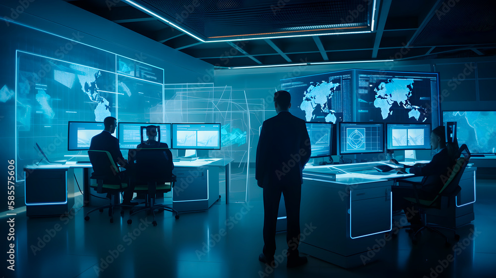 A futuristic cybersecurity workspace featuring advanced encryption ...