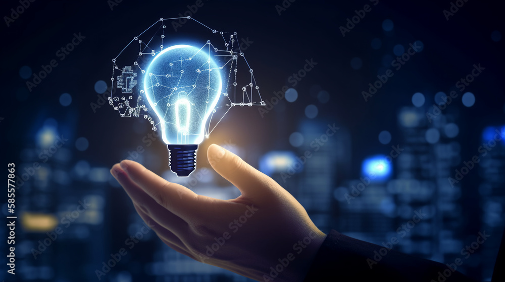 Conceptual image -new ideas and innovation, Hand holding light bulb ...