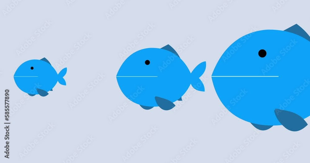 Big fish eating little fish – four fish on screen blue. Cartoon ...