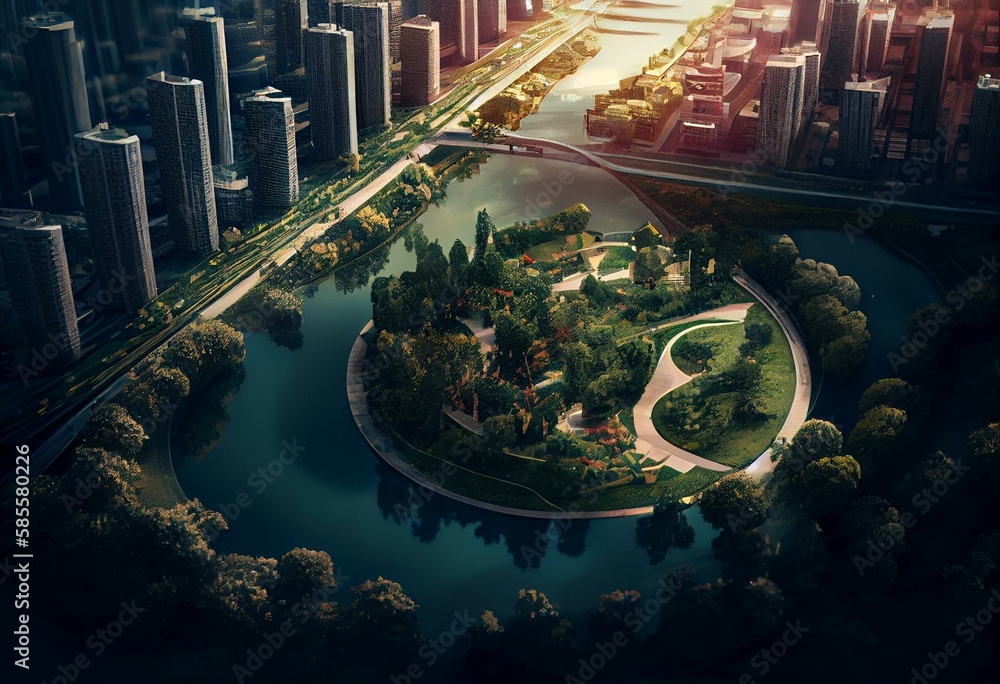 Clean, modern city with parks and green spaces. Digital 3D rendering ...