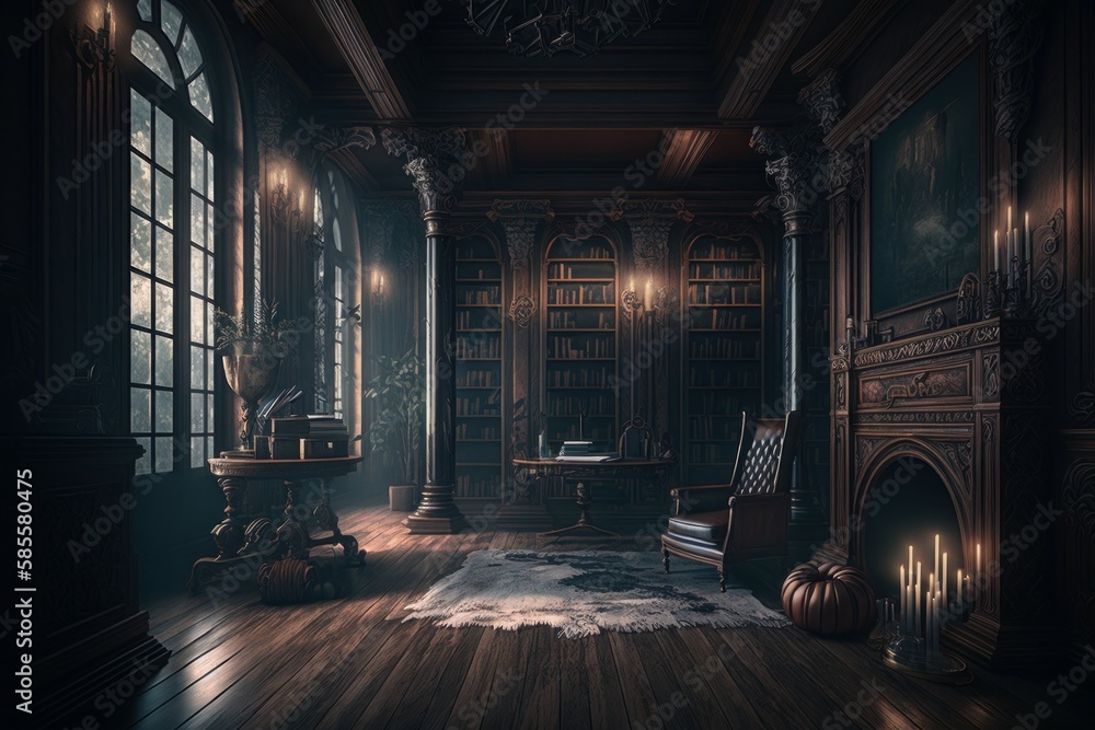 Old ornate abandoned Victorian library. AI generated Stock Illustration ...