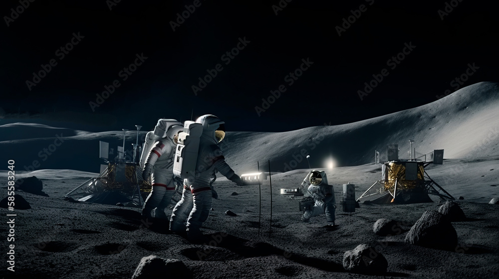 astronauts bulding a space research investigation moon station, space ...