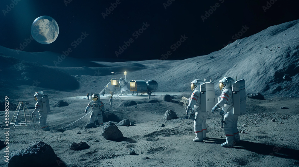 astronauts bulding a space research investigation moon station, space ...