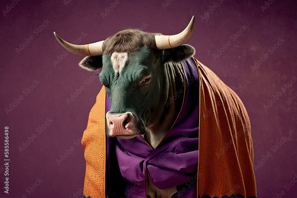sad bull wearing clothes suffering, created with Generative AI ...