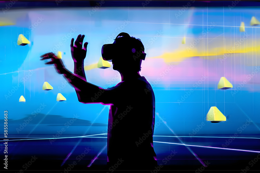 Silhouette of a person wearing a VR headset, engaging with a computer ...