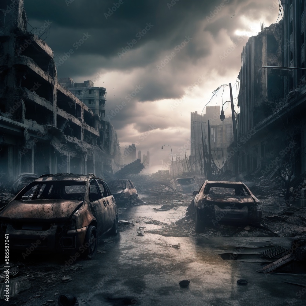 Post-apocalyptic ruined deserted city. Destroyed buildings, destroyed ...