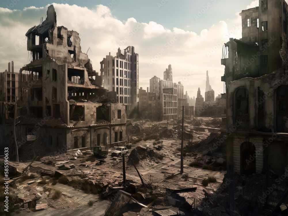 Post-apocalyptic ruined deserted city. Destroyed buildings, destroyed ...