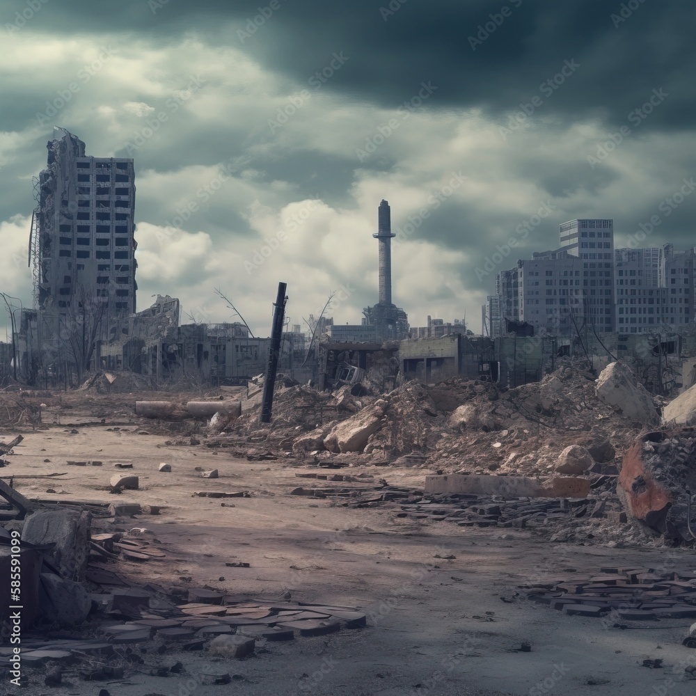Post-apocalyptic ruined deserted city. Destroyed buildings, destroyed ...