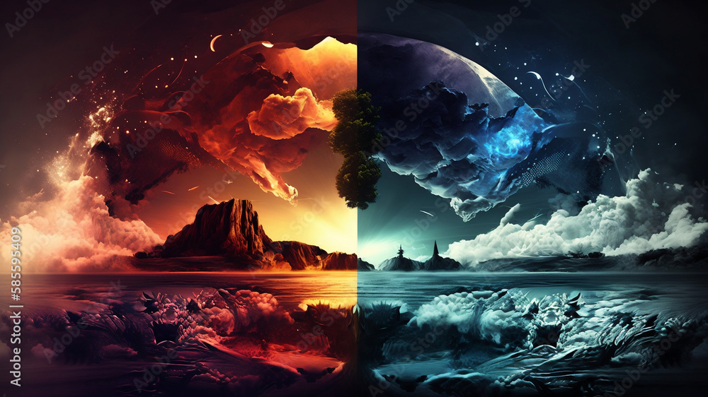 artificial mountains, split screen, mysterious view, mysterious ...