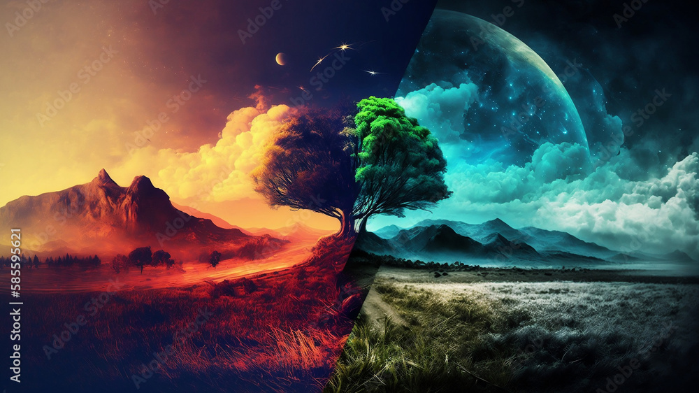 beautiful green and red colored tree, split colored background, mystery ...