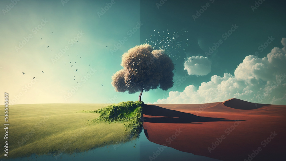 split screen landscape, beautiful nature, white colored tree, two halfs ...