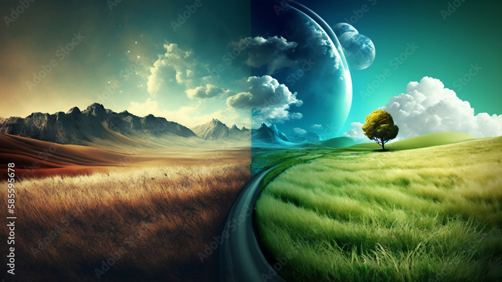 split screen colored landscape background, quiet nature place ...