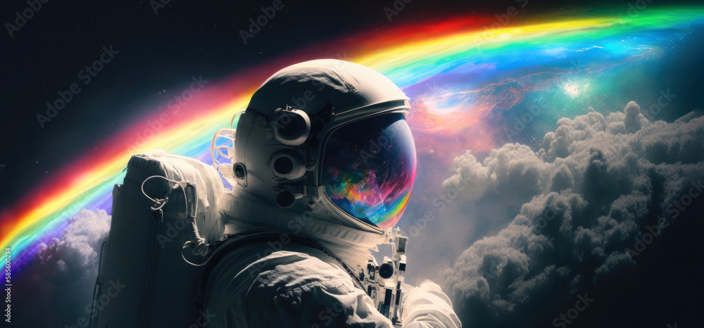 Rainbow in space. An astronaut in a white space suit with a rainbow ...