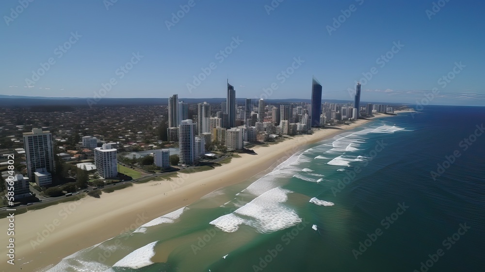 A beautiful beach and high-rise buildings in a luxury coastal city. The ...