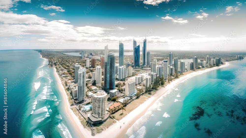A beautiful beach and high-rise buildings in a luxury coastal city. The ...