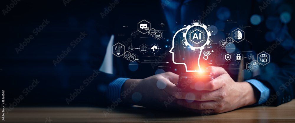 Businessman touching the brain working of Artificial Intelligence (AI ...