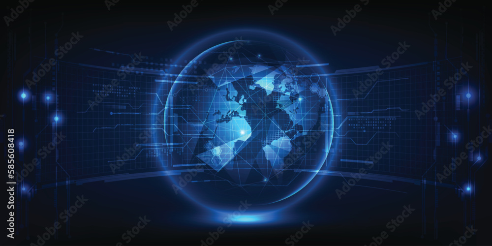 Vector illustrations of glowing hi tech globe with futuristic digital ...