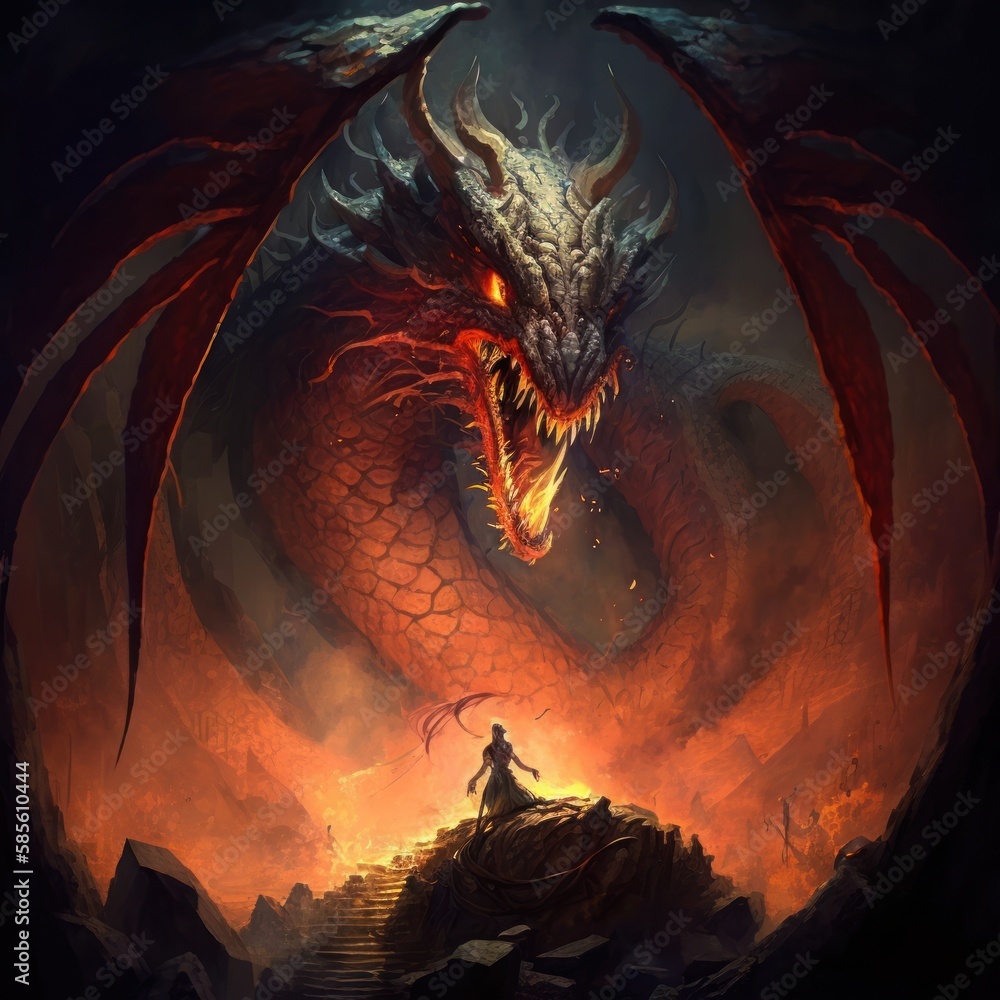Old ancient fire dragon with fiery red eyes, thick scales, dragon mouth ...