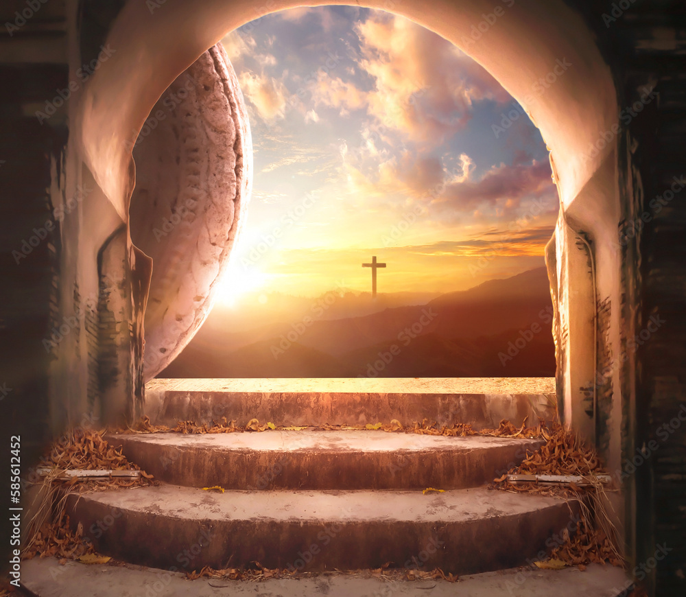 Easter and Good Friday concept, Empty tombstone with cross on mountain sunrise background ...