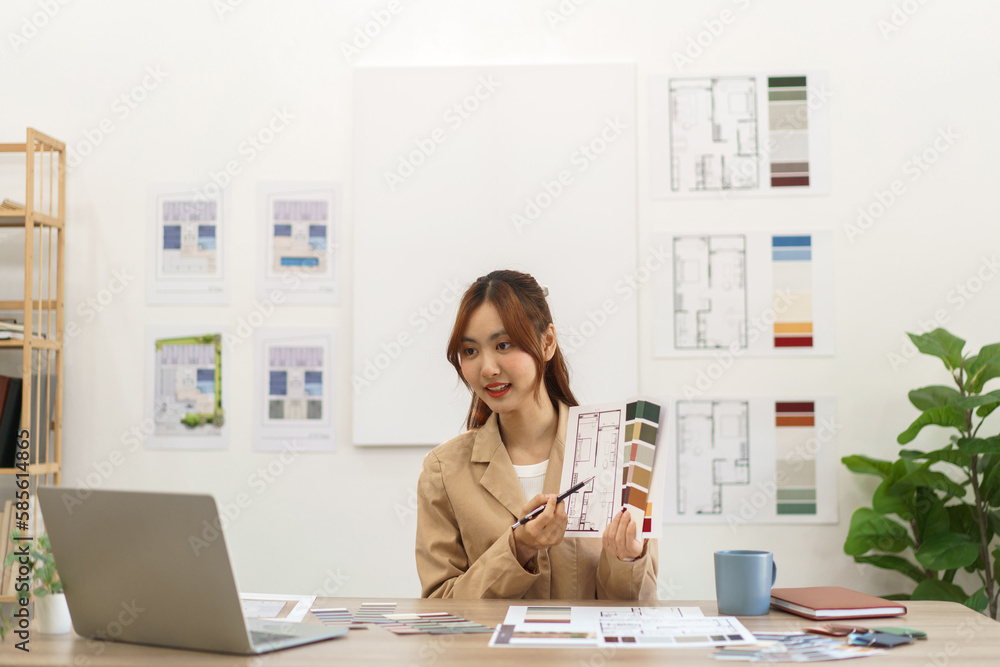 Architectural concept, Female architect presenting house interior ...