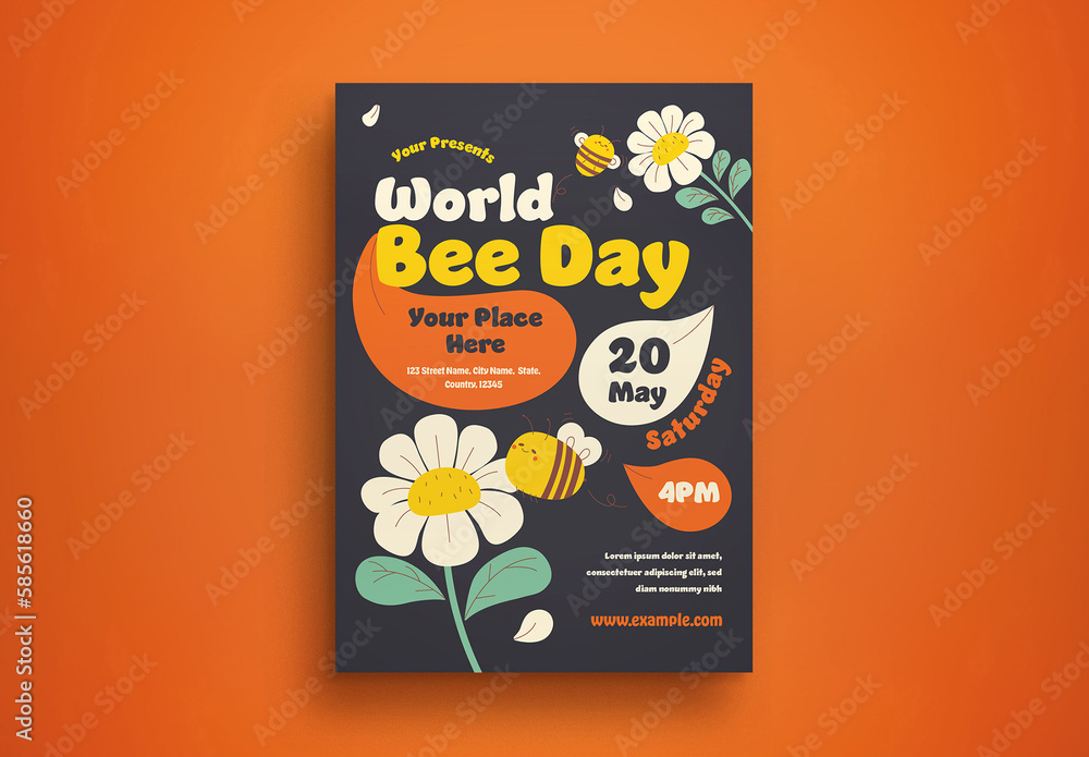 Black Doodle World Bee Day Flyer Set Layout Stock Template | Adobe Stock