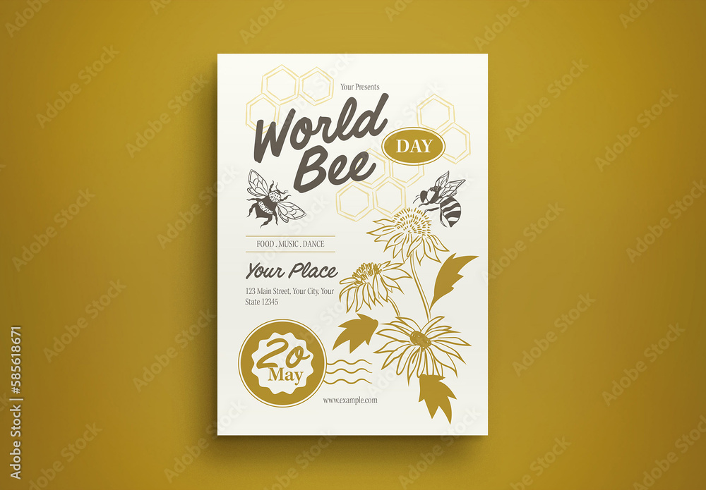 Cream Hand Drawn World Bee Day Flyer Layout Stock Template | Adobe Stock