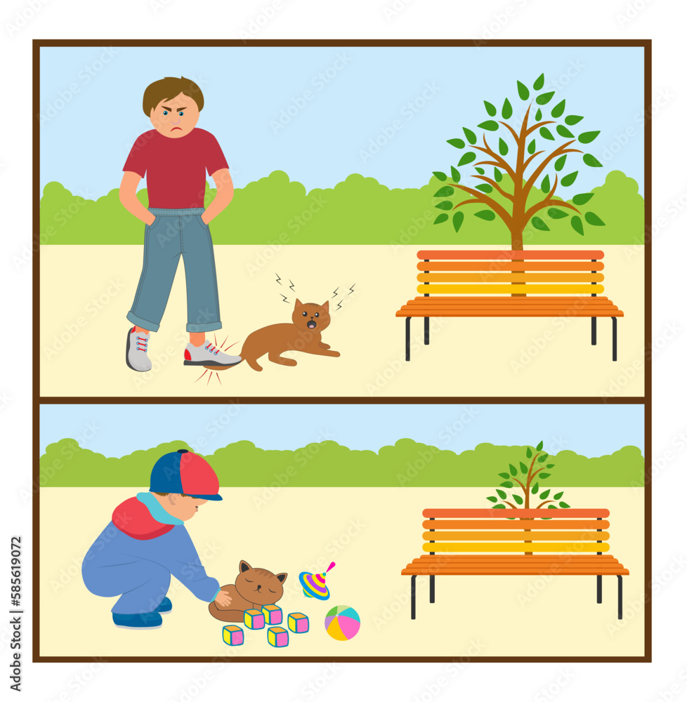 Bad behavior of teenagers. The boy stepped on the cat's tail. But when ...