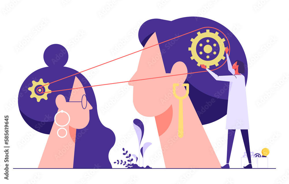 Collaboration and synergy, two people share ideas or connected mind ...