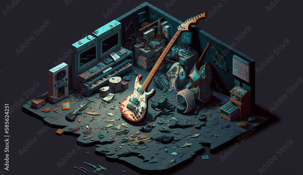 smashed, damaged, broken instruments, bass guitar,electric guitar ...