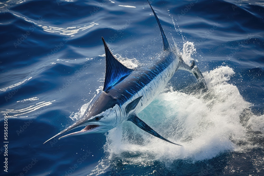 aerial view of marlin making jump from the water, with its bill and ...