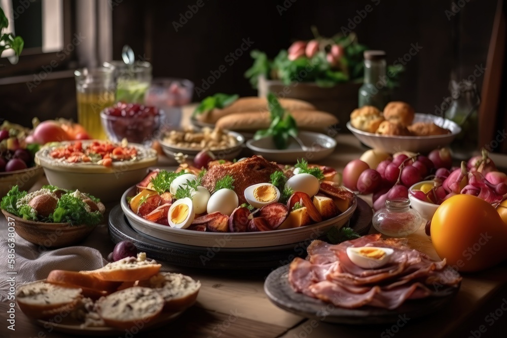 colorful buffet table with various types of food and dishes. Generative ...