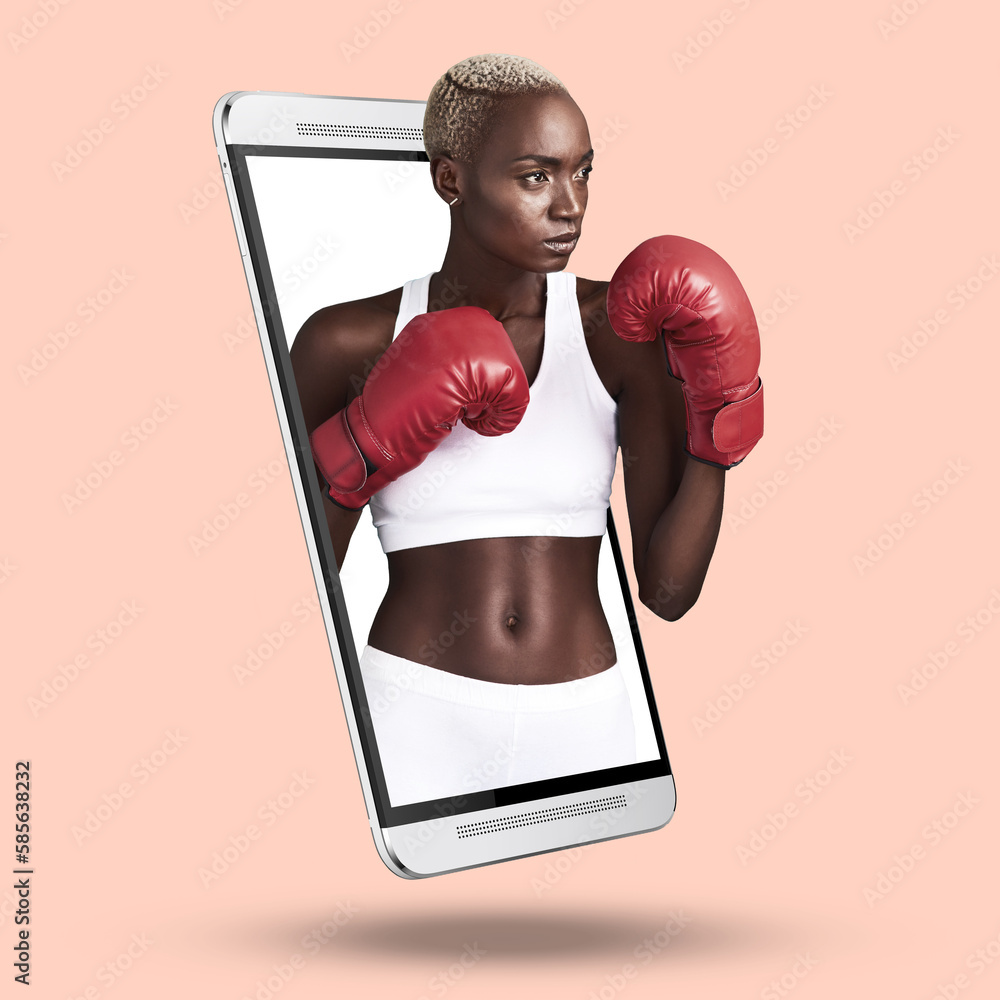 Phone, boxing and fitness app with black woman on studio background for ...