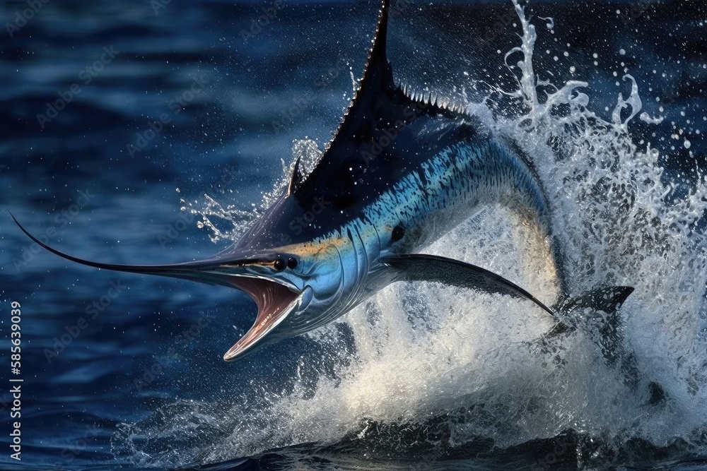 marlin jumping out of the water, its dorsal fin and tail flapping ...