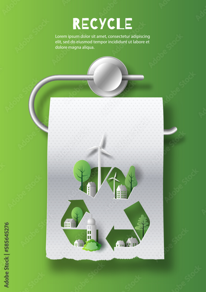 Recycle banner design with many building and green leaves, save the ...
