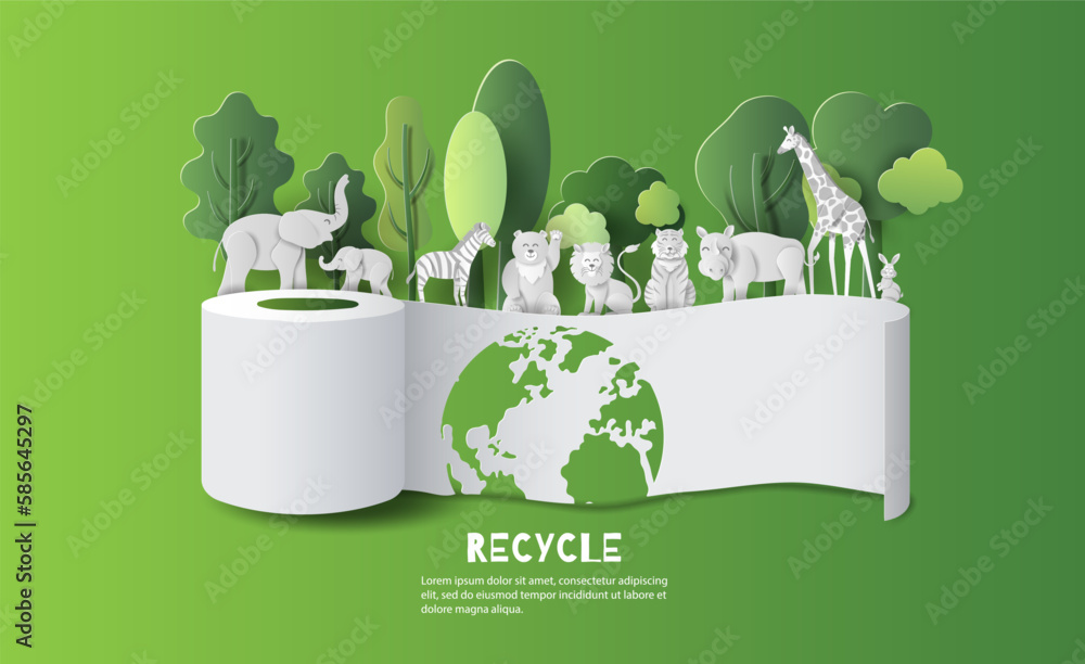 Recycle banner design, tissue paper roll with wild forest animals, save ...