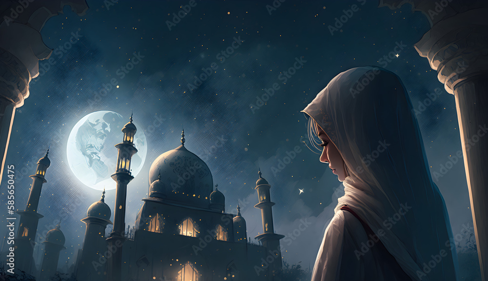muslim young girl praying on a mosque with starry and crescent moon ...