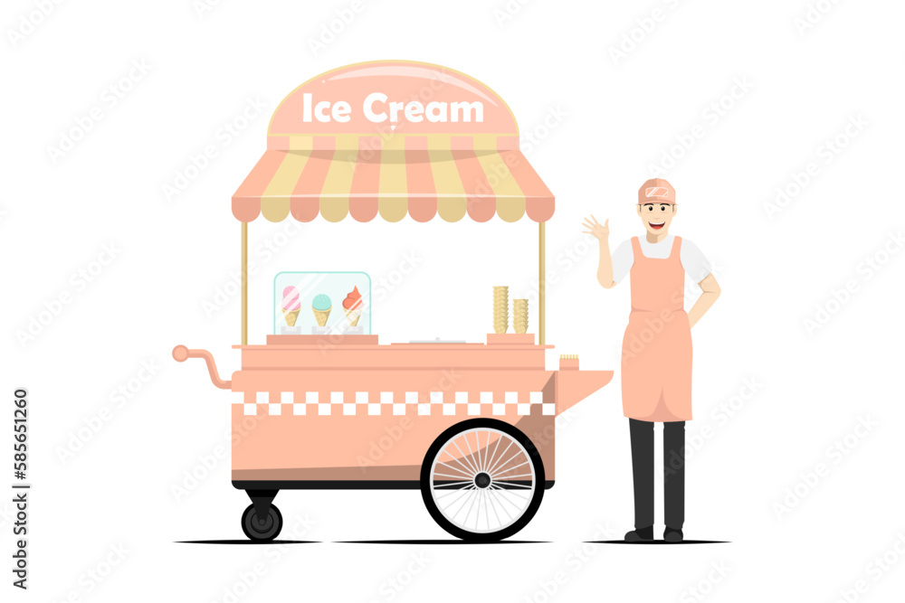 Cartoon ice cream cart with male salesperson on isolated background ...