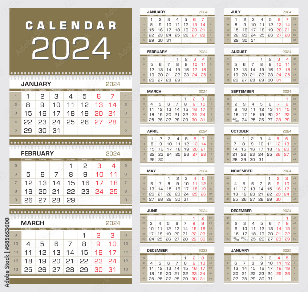 Calendar 2024. Wall quarterly calendar with week numbers. Week start ...