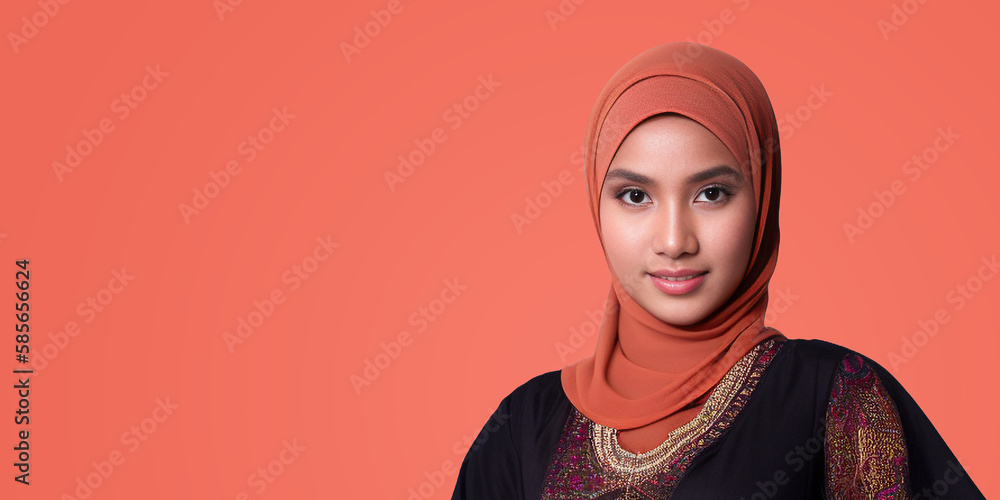 Banner of a Hijab Woman with Copy Space on a Orange Background with ...