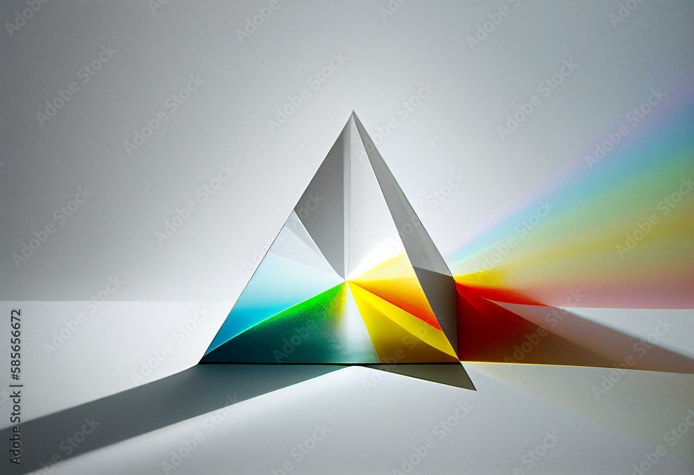 Triangular Prism dispersing sun beam splitting into a spectrum on white ...