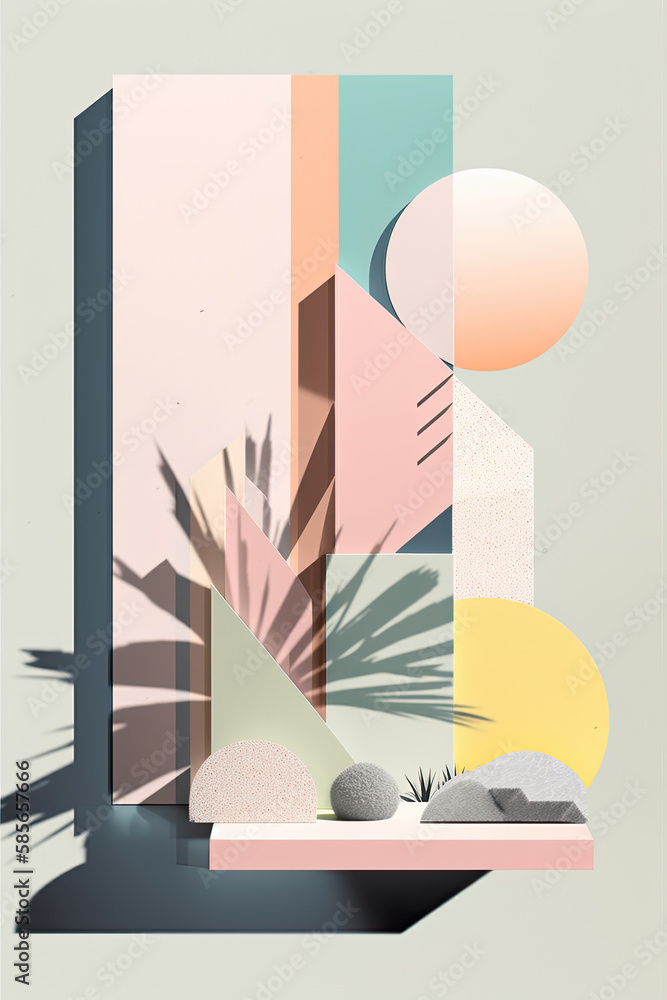 Minimalist spring design, pastel colors with geometric shapes and clean ...