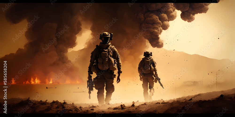 military special forces soldiers crosses destroyed warzone through fire ...