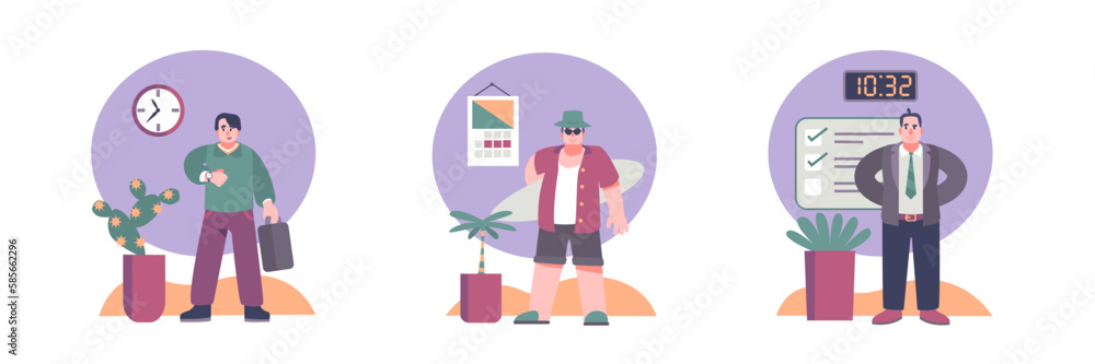 Set of cartoon characters of young men organizing their time. Work life ...