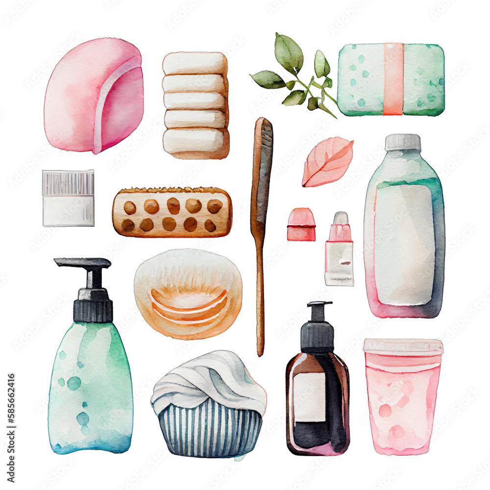 Watercolor clipart of a Personal hygiene items. Transparent background ...
